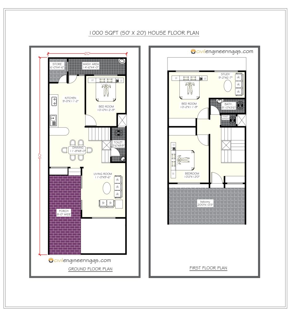 1000 sqft 20'x 50' Floor Plan for your dream Home