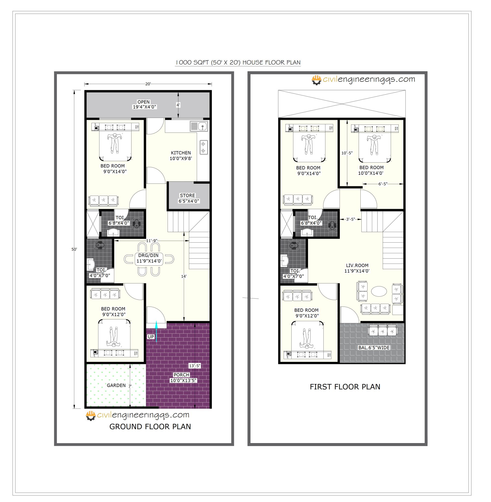 1000 sqft 20'x 50' Floor Plan for your dream Home