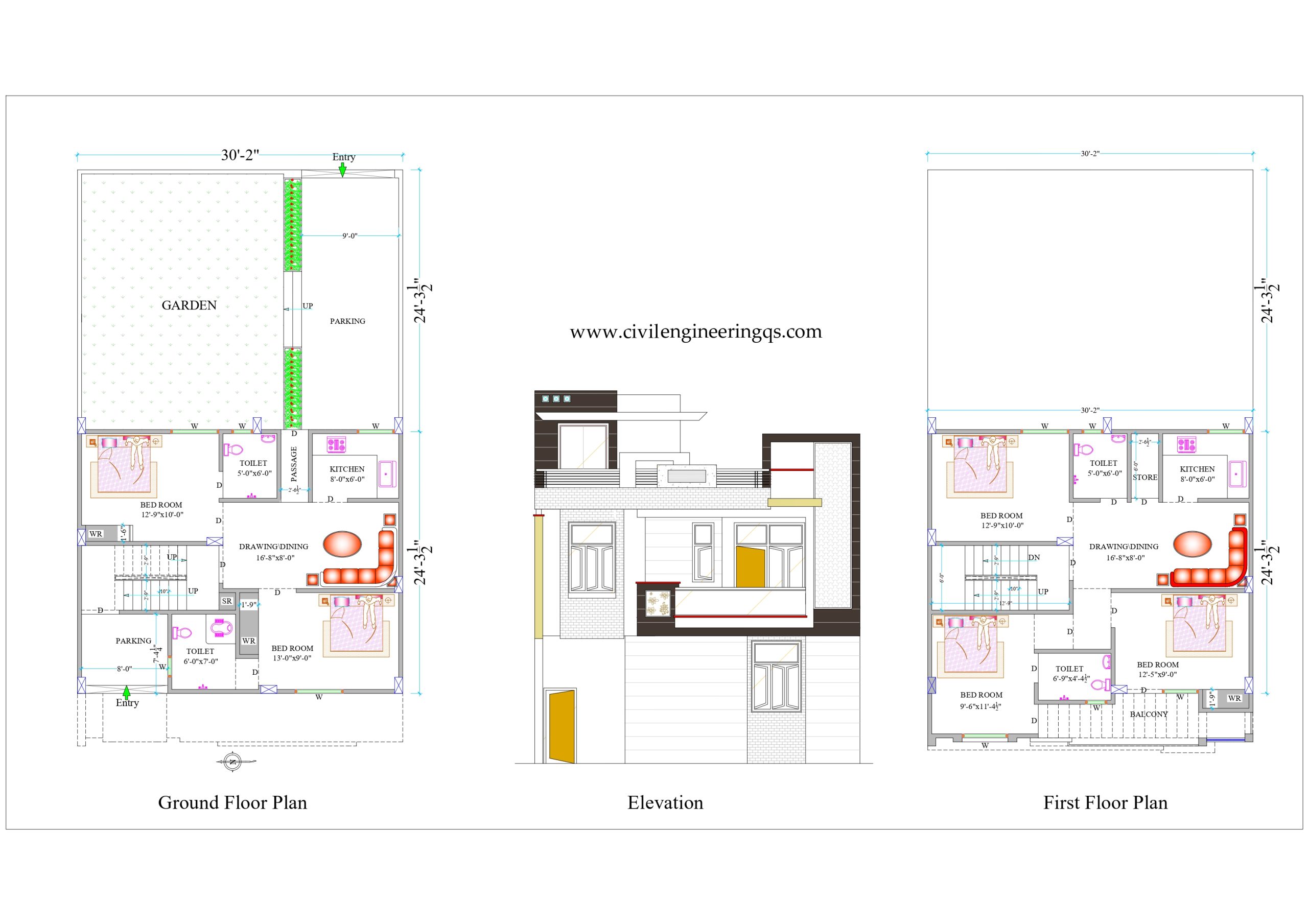 30x48 House Plan with 2BHK + 3BHK Design – AutoCAD & PDF Download