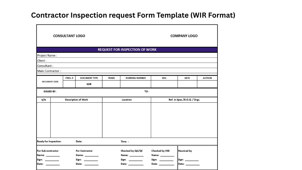 Contractor Inspection Request Form Template – (WIR Format)