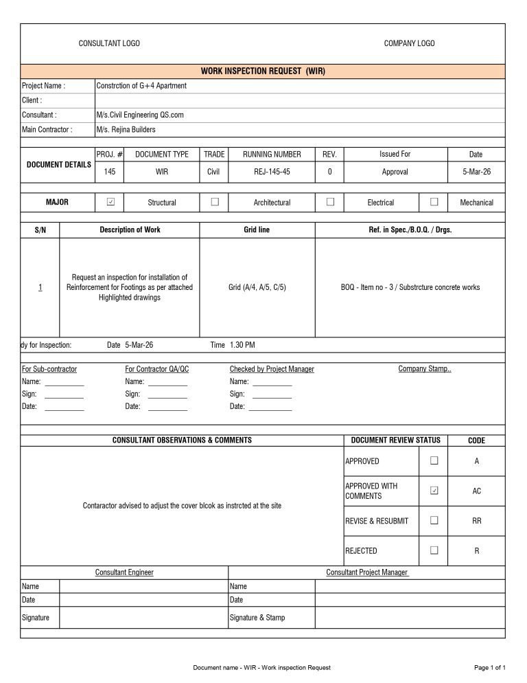 Contractor Inspection Request Form Template – (WIR Format) - Civil ...