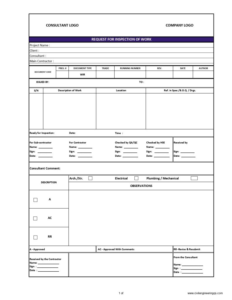 Contractor Inspection Request Form Template – (WIR Format)