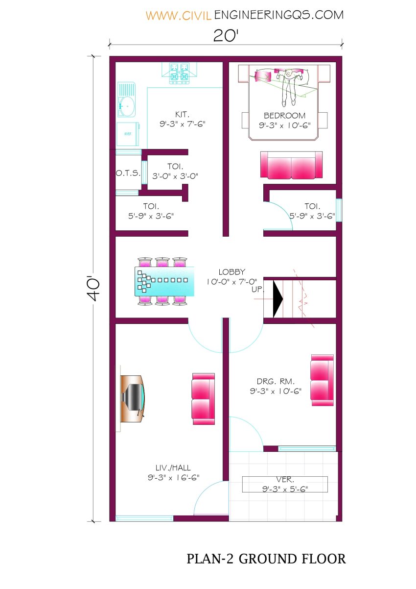 20 x 40 AutoCAD Floor Plan with Elevation – 3 - Civil Engineering QS