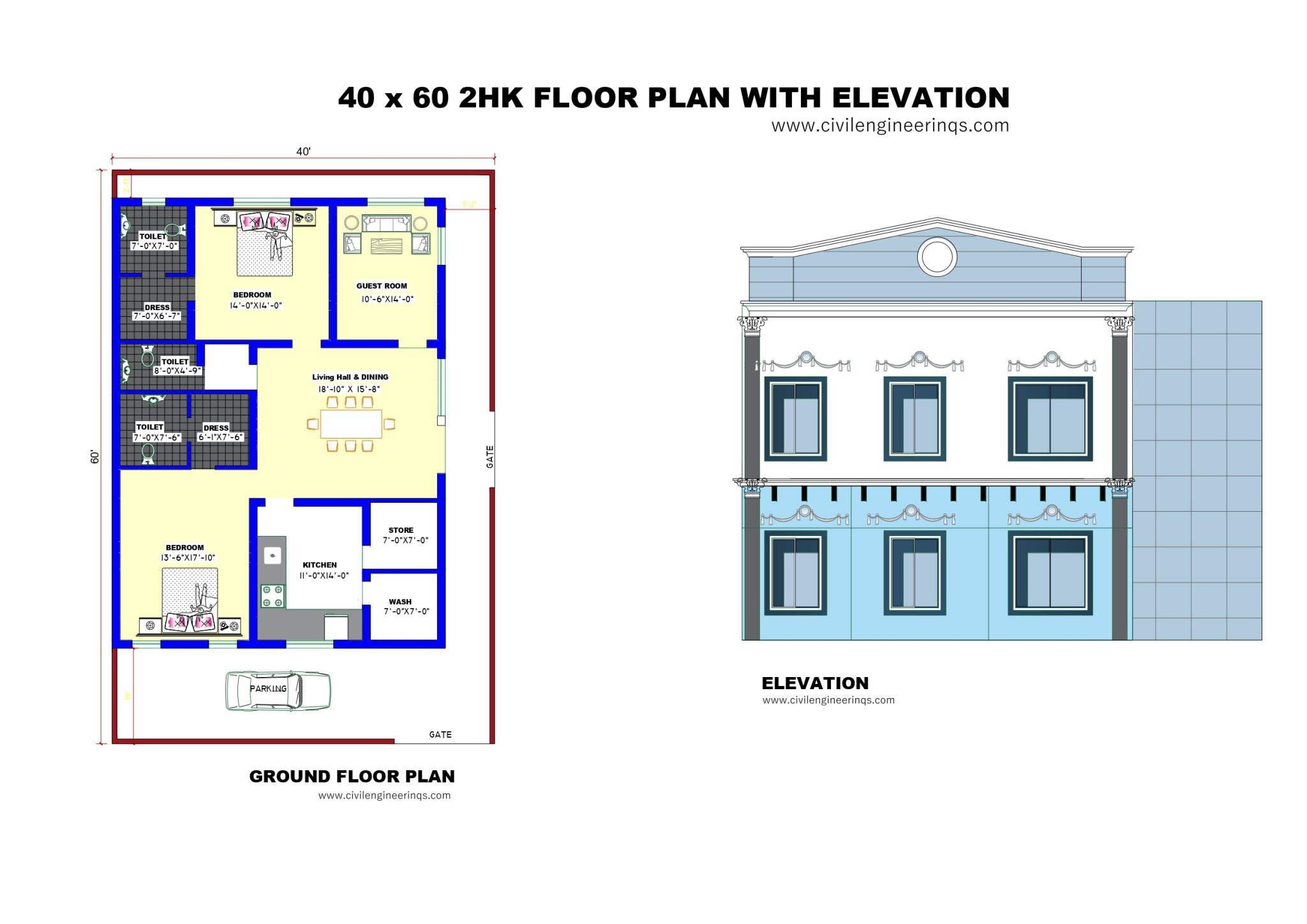 40 x 60 Floor Plan with Elevation AutoCAD -1 - Civil Engineering QS