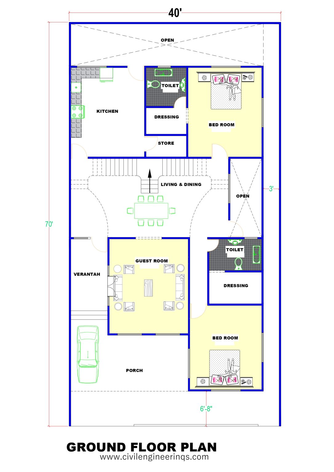 40 x 70 Floor Plan with Elevation AutoCAD & PDF Download