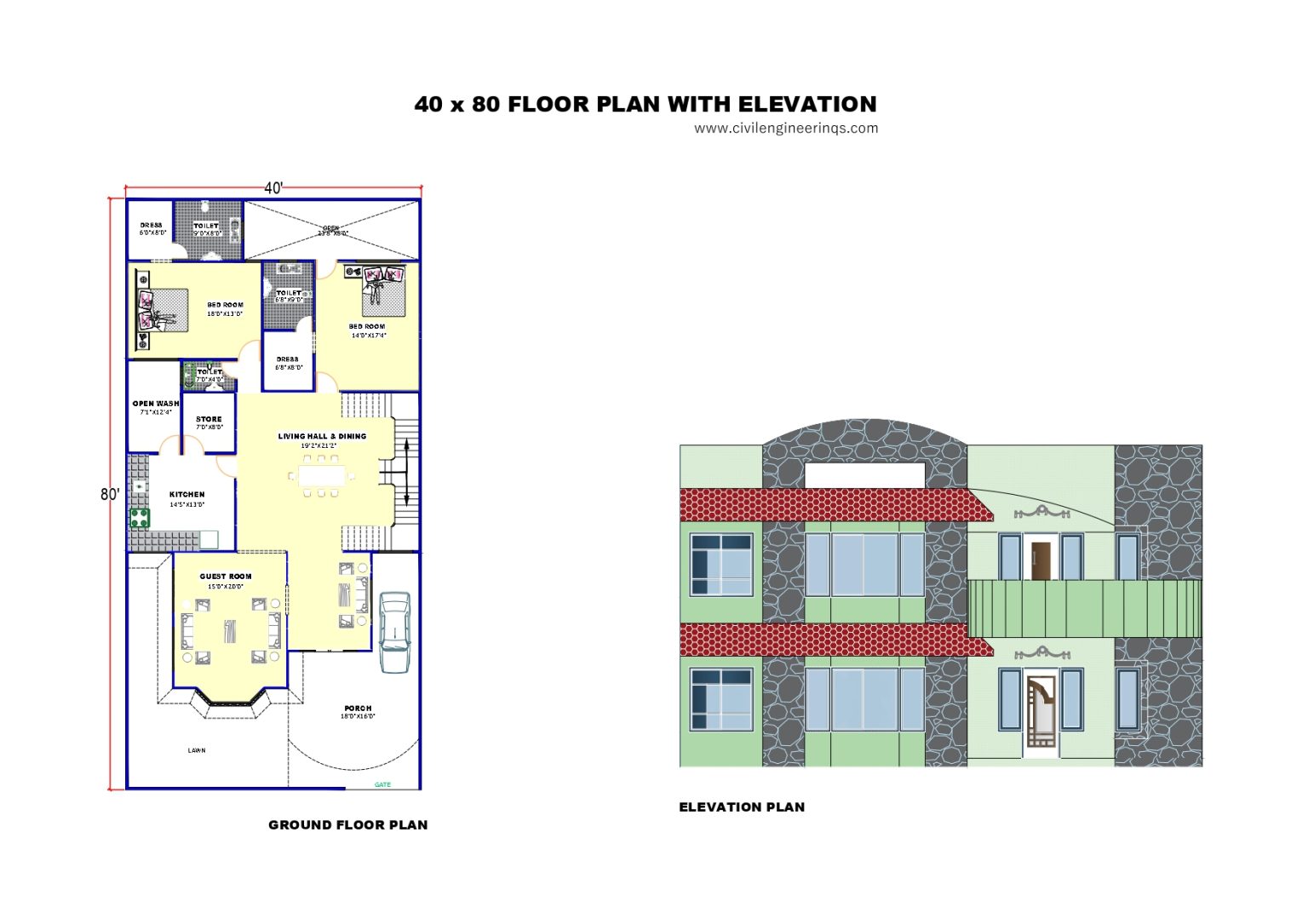 40 x 80 AutoCAD Floor Plan with Elevation – 1