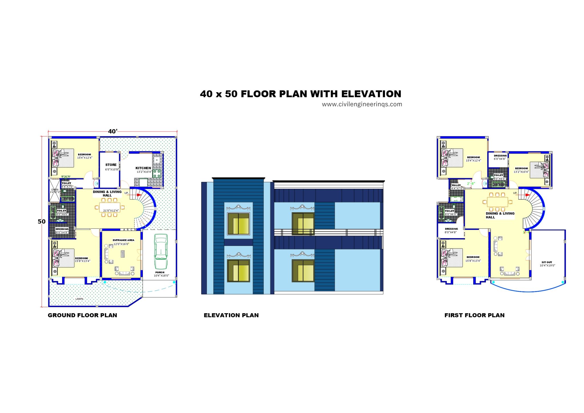 40 x 50 Floor Plan with Elevation AutoCAD -1 - Civil Engineering QS