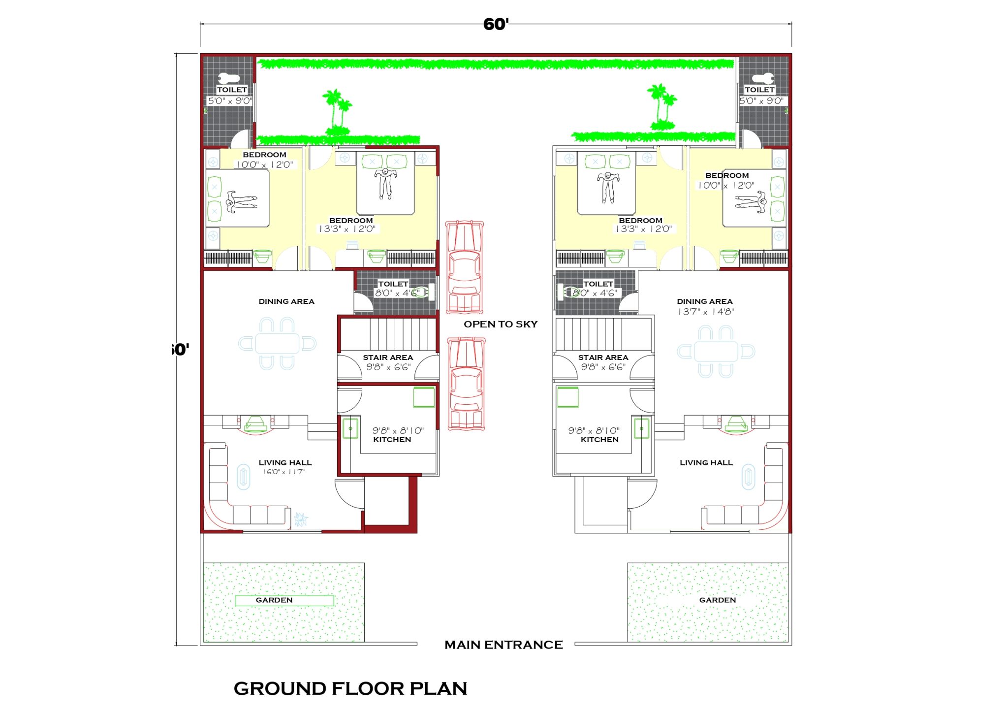 60' x 60'- 2 Attached villa Floor Plan with Elevation AutoCAD & PDF Download