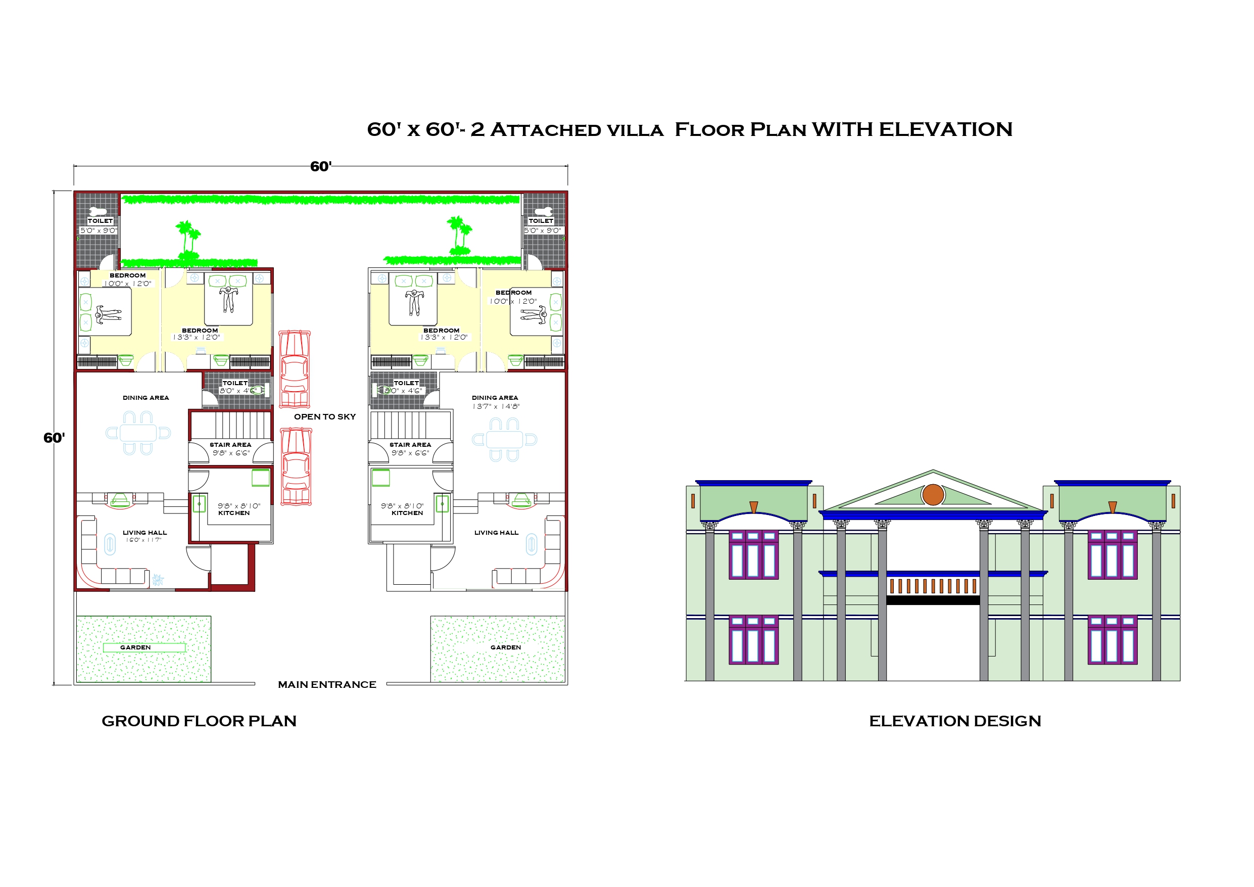 60' x 60'- 2 Attached villa Floor Plan with Elevation AutoCAD & PDF ...