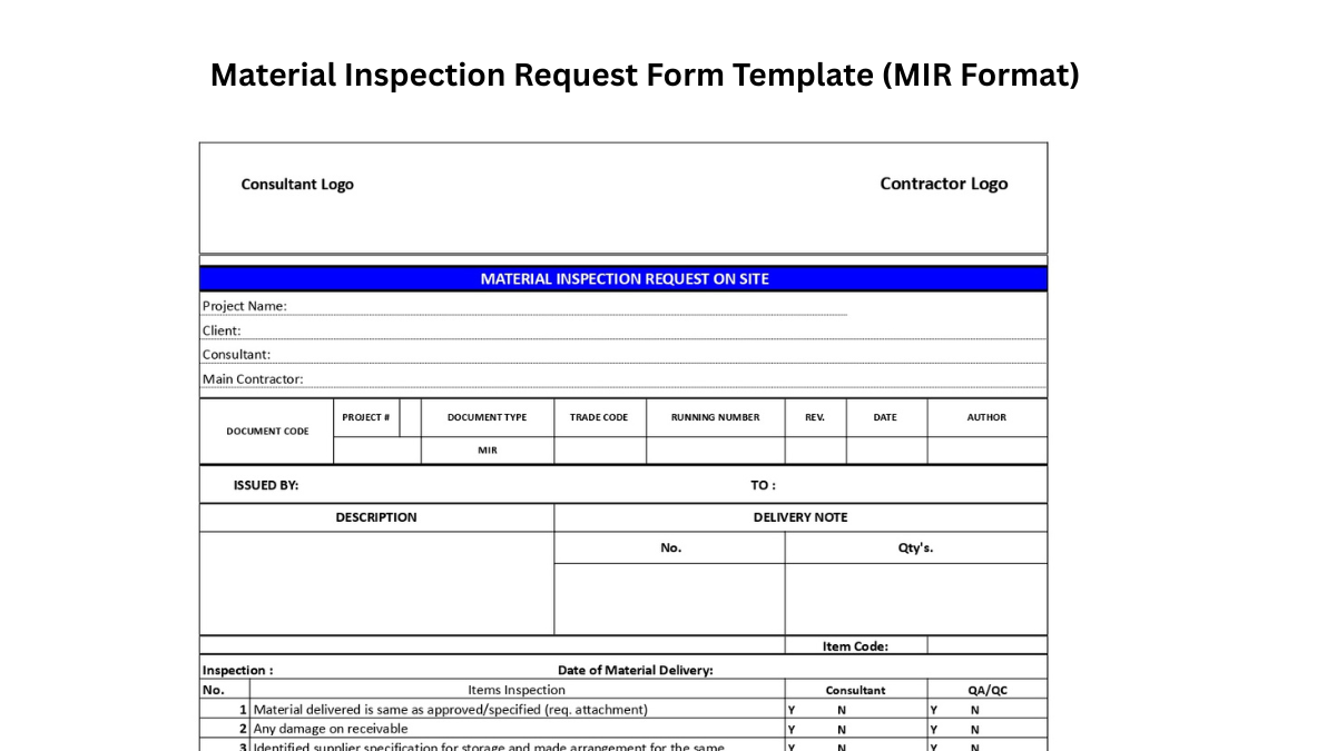 Material Inspection Request Form Template – (MIR Format)