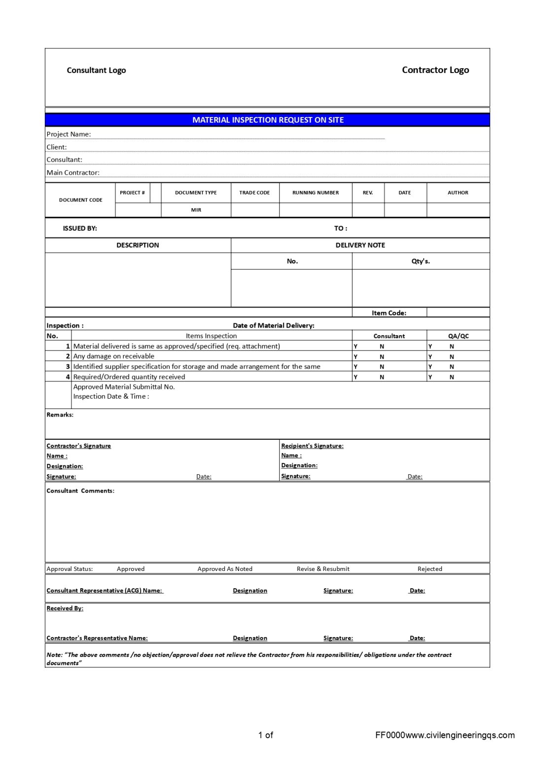 Material Inspection Request Form Template – (MIR Format) - Civil ...
