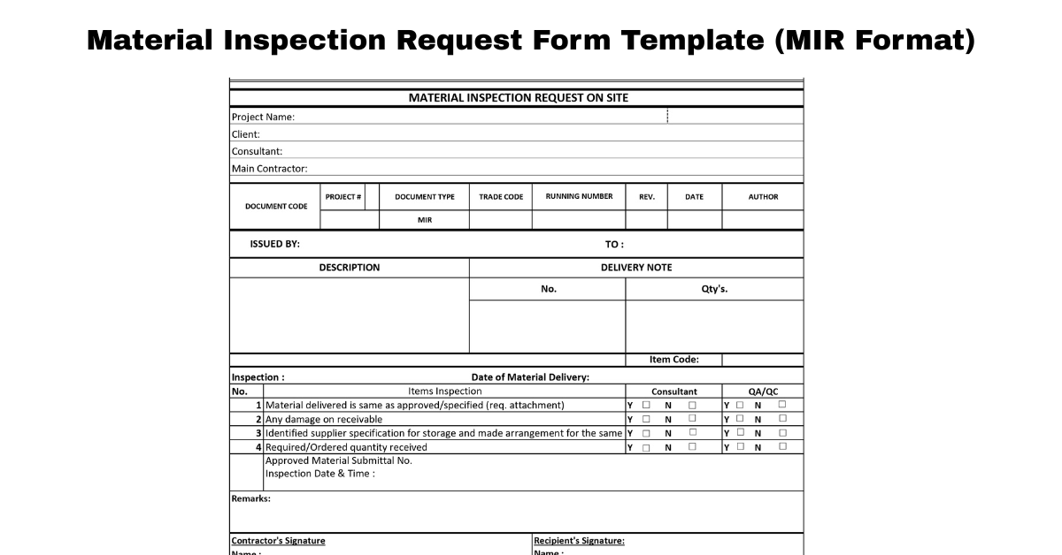 Material Inspection Request Form Template – Free Download (MIR Format)