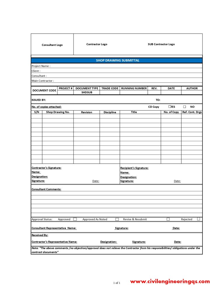 Shop Drawing Submittal Form Template - Civil Engineering QS