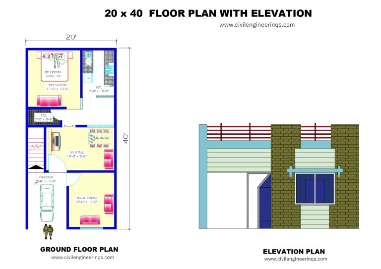 20 x 40 AutoCAD Floor Plan with Elevation – 2 - Civil Engineering QS