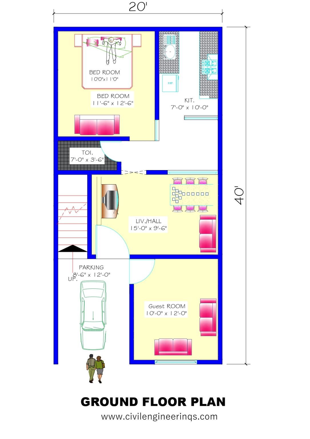 20 x 40 AutoCAD Floor Plan with Elevation – 2 - Civil Engineering QS