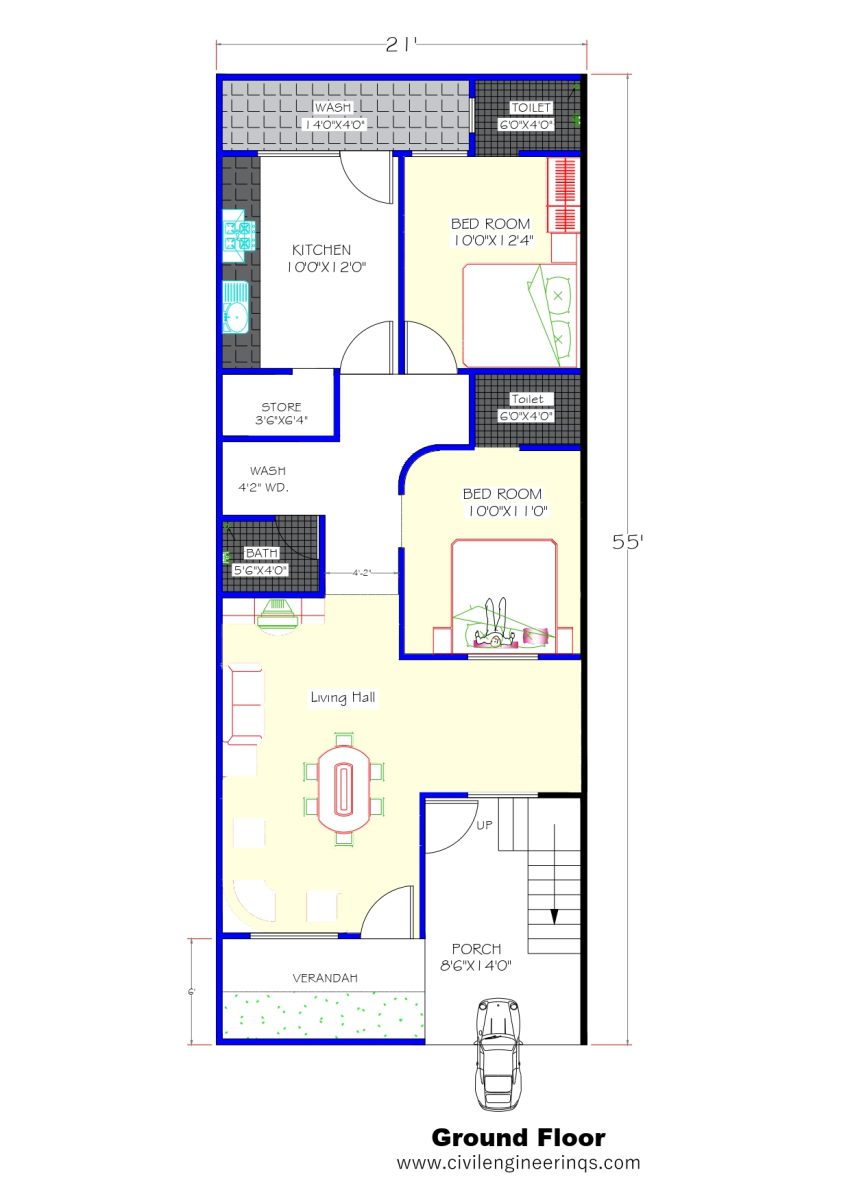21 x 55 AutoCAD Floor Plan with Elevation – 1 - Civil Engineering QS
