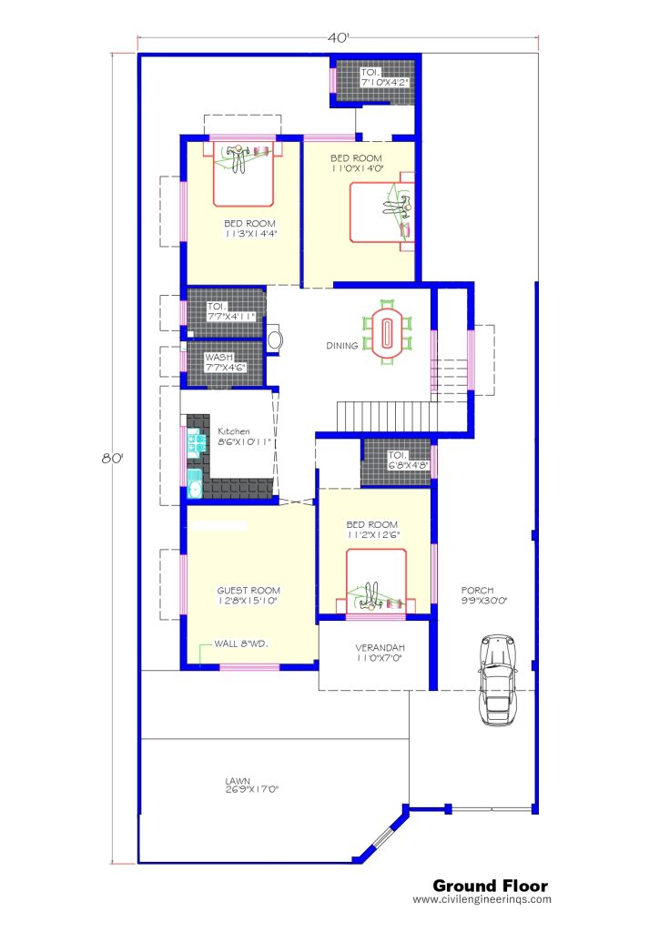 40 x 80 AutoCAD Floor Plan with Elevation – 2 - Civil Engineering QS