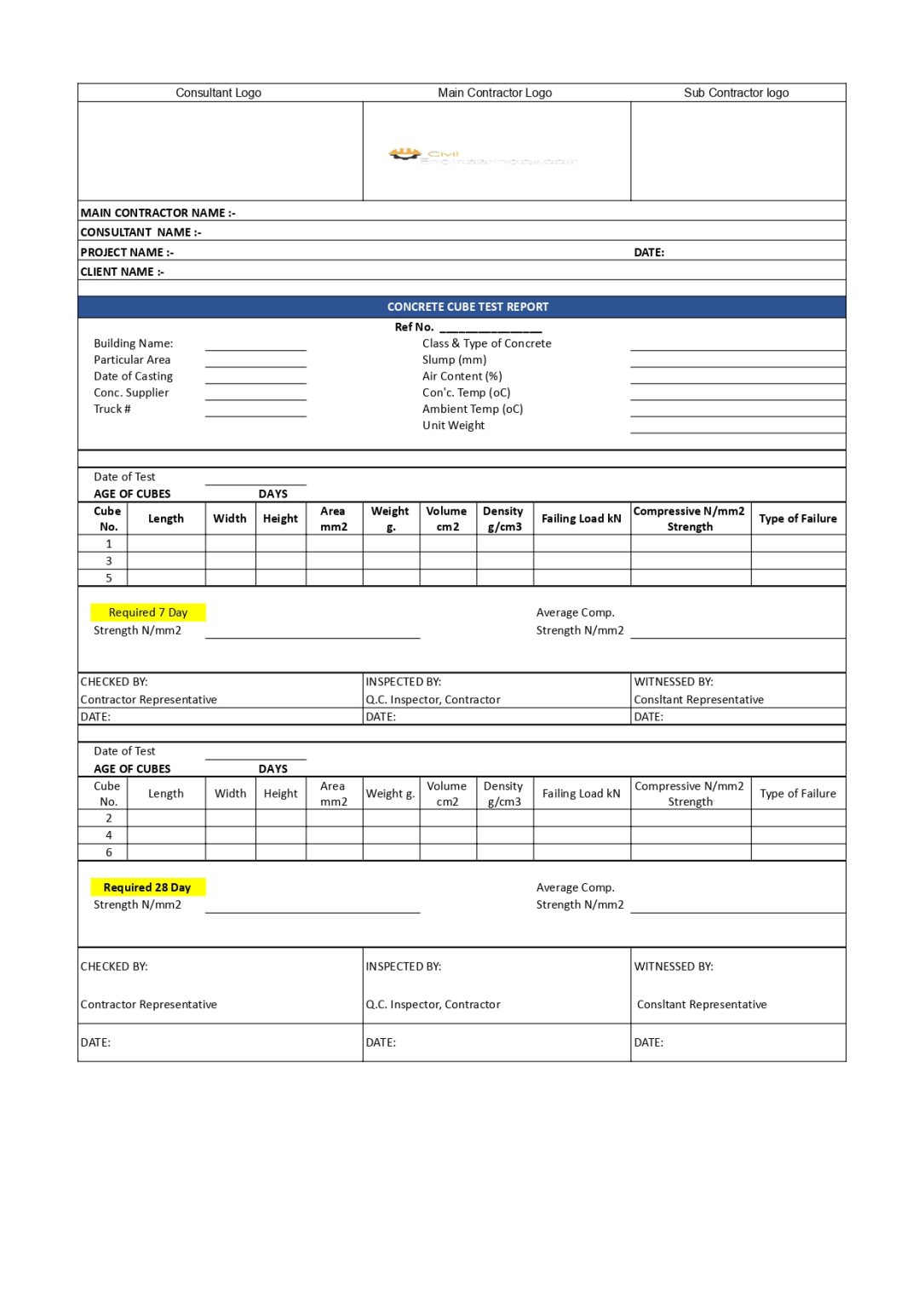 Concrete Cube Test Report Template for Construction Projects