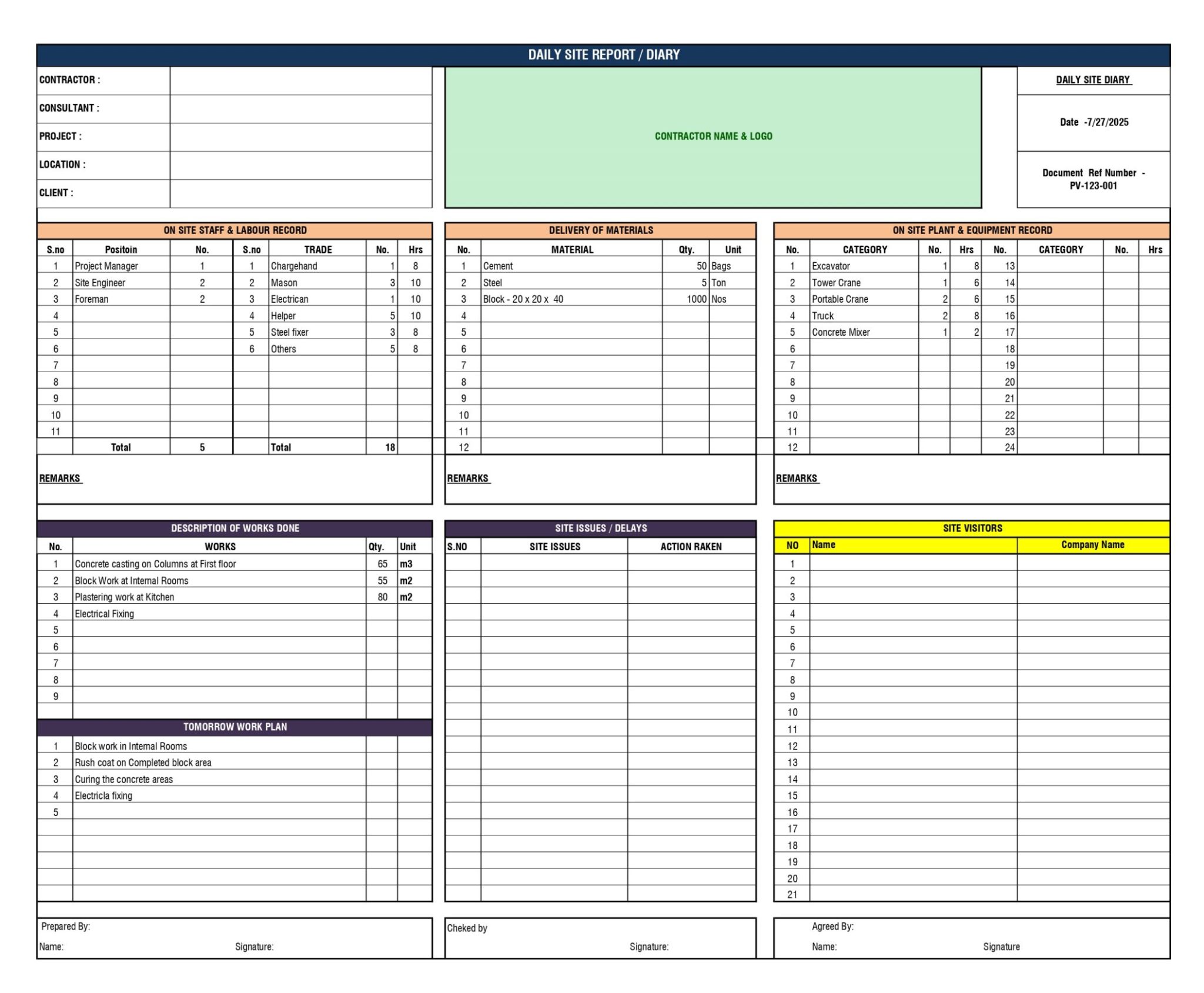 Daily Site Report / Diary Template for Construction Projects - Civil ...