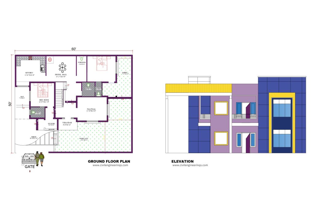 60 x 50 AutoCAD Floor plan with Elevation -2 - Civil Engineering QS