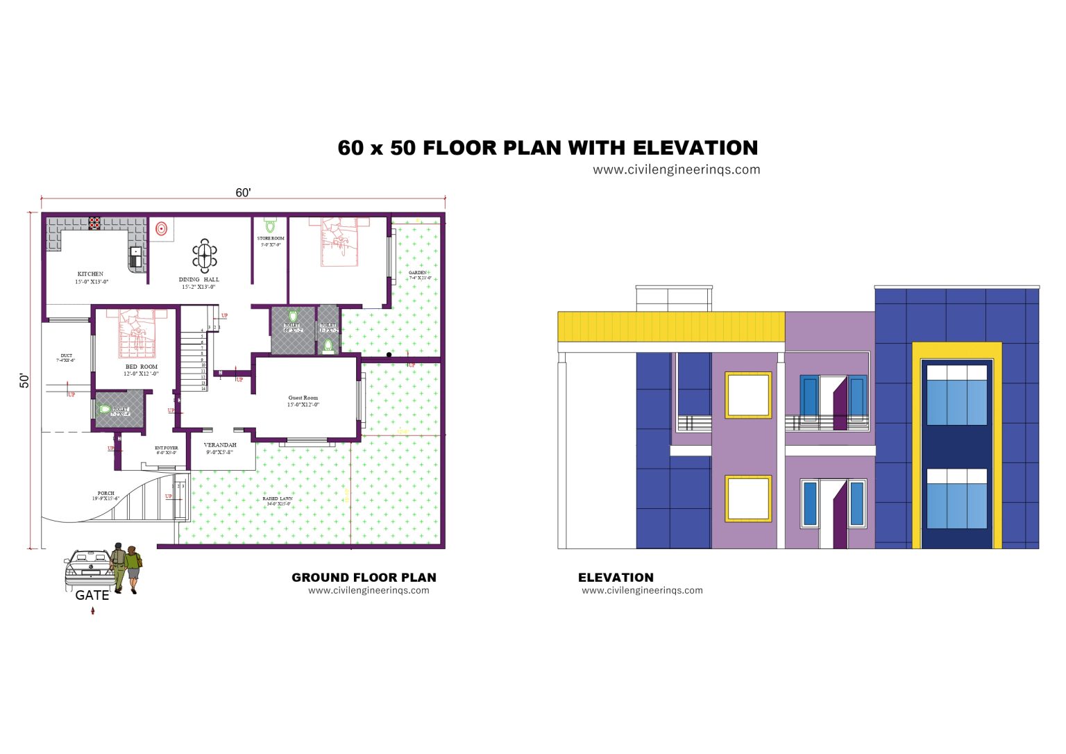 40 x 50 Floor Plan with Elevation AutoCAD -2 - Civil Engineering QS