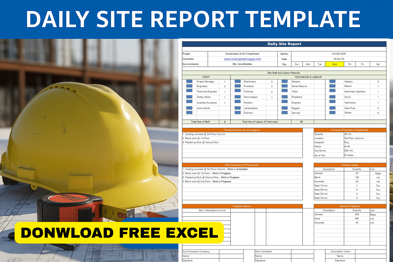 Daily Site Report / Diary Template for Construction Projects
