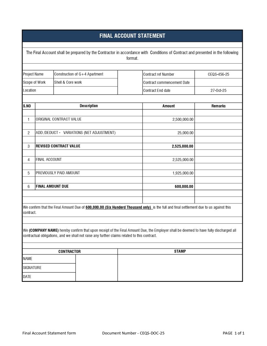 Final Account Statement Template