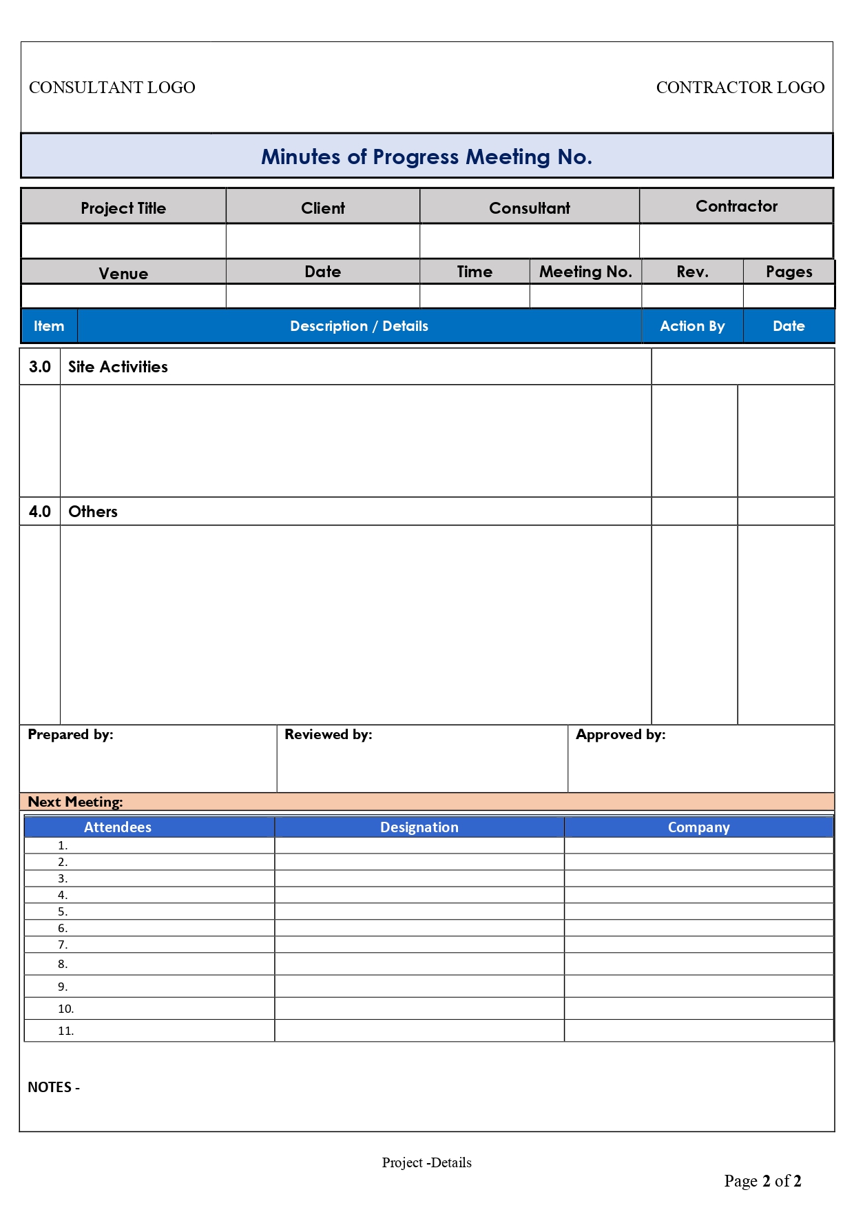 Projects Minutes of Progress Meeting Template