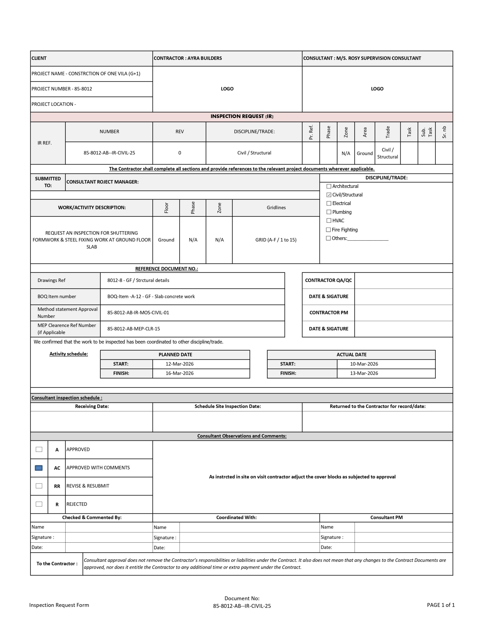 Contractor Inspection Request Form Template -2 - Civil Engineering QS